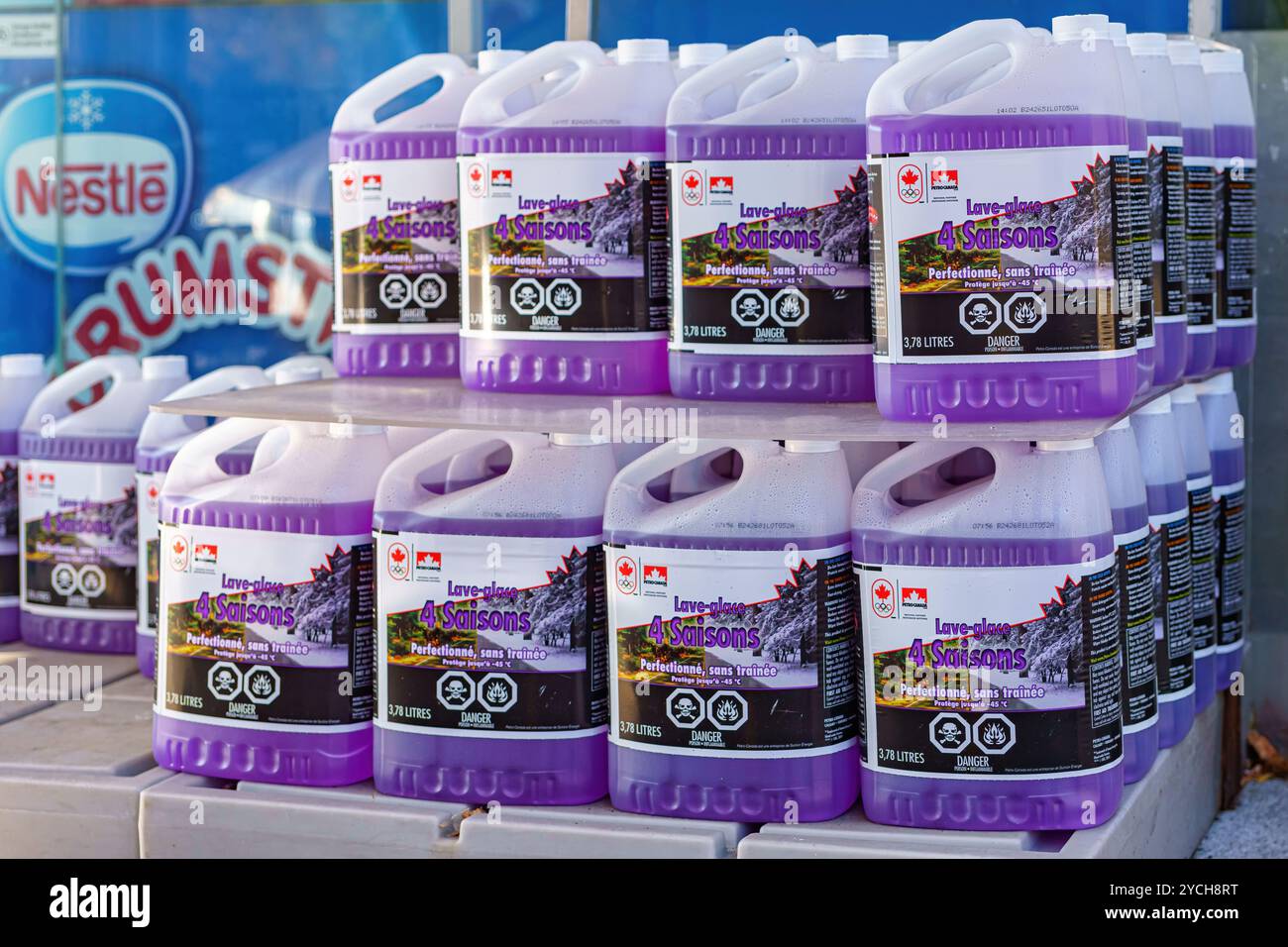 Plastic containers of liquid detergent displayed outside a Petro-Canada ...