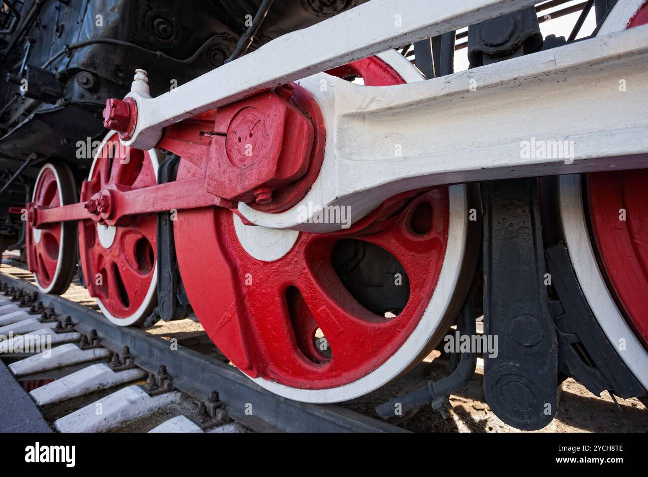 Old steam locomotive engine wheel and rods details Stock Photo - Alamy