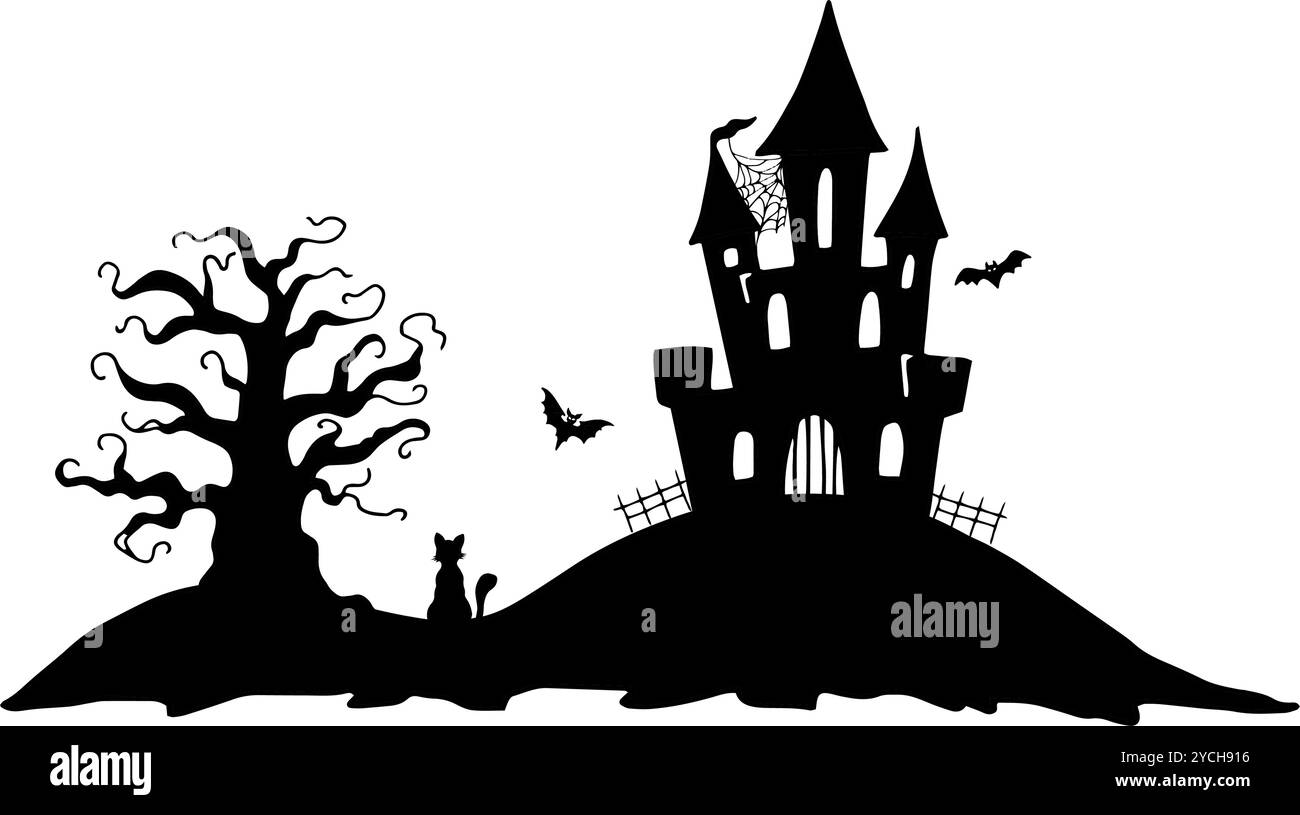 Halloween silhouette composition. Black and white illustration. Hand ...