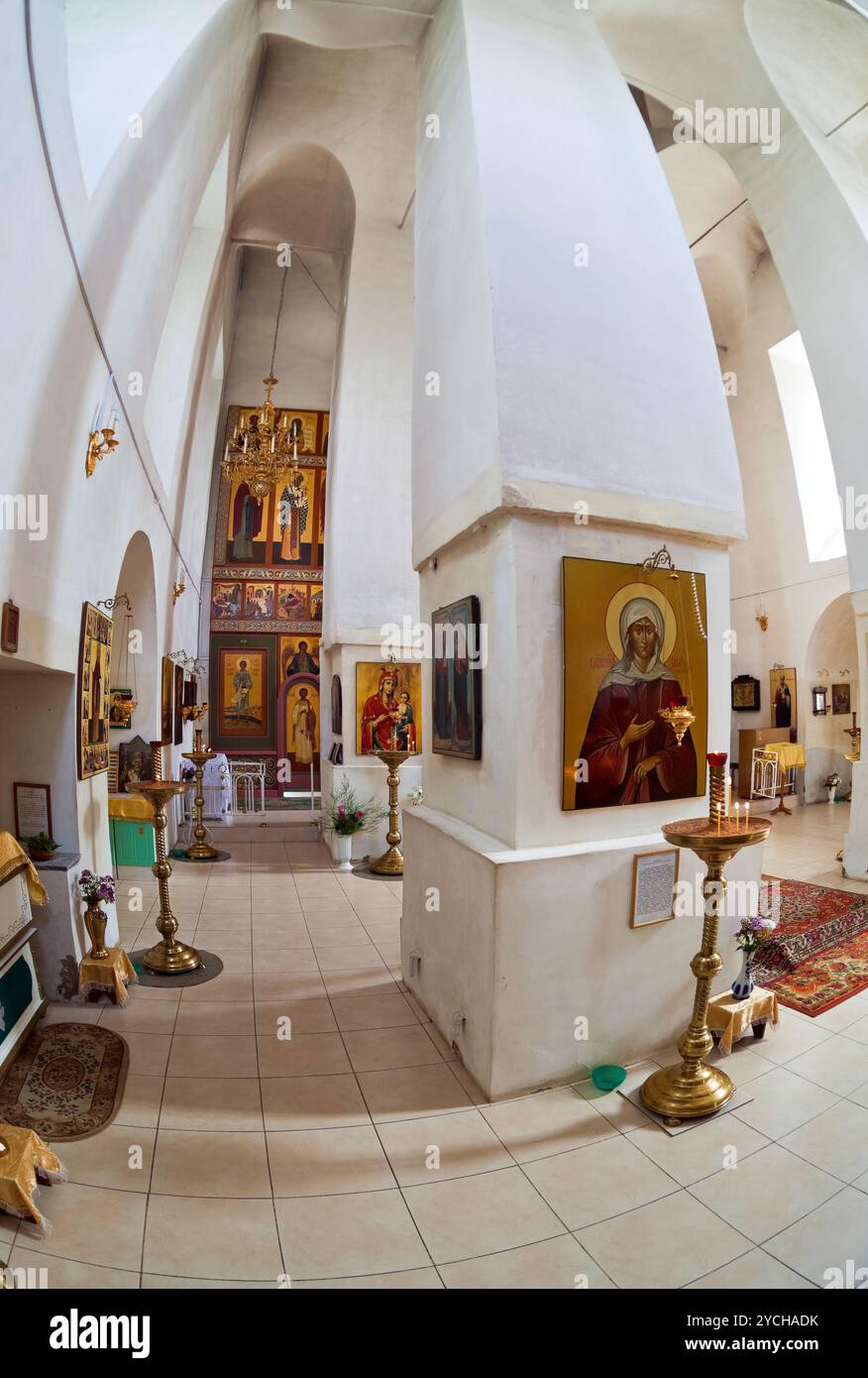 Interior of russian orthodox church in Novgorod region, Russia. Fisheye ...
