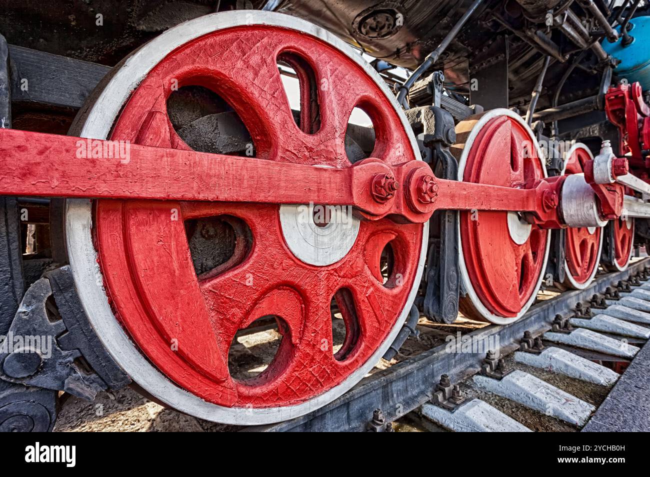 Old steam locomotive engine wheel and rods details Stock Photo - Alamy