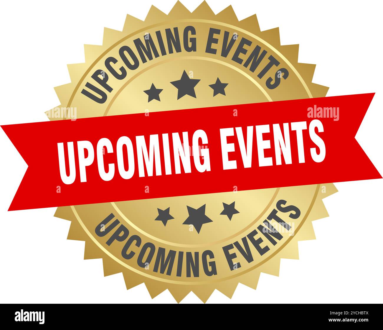 upcoming events round red and gold label isolated on transparent ...