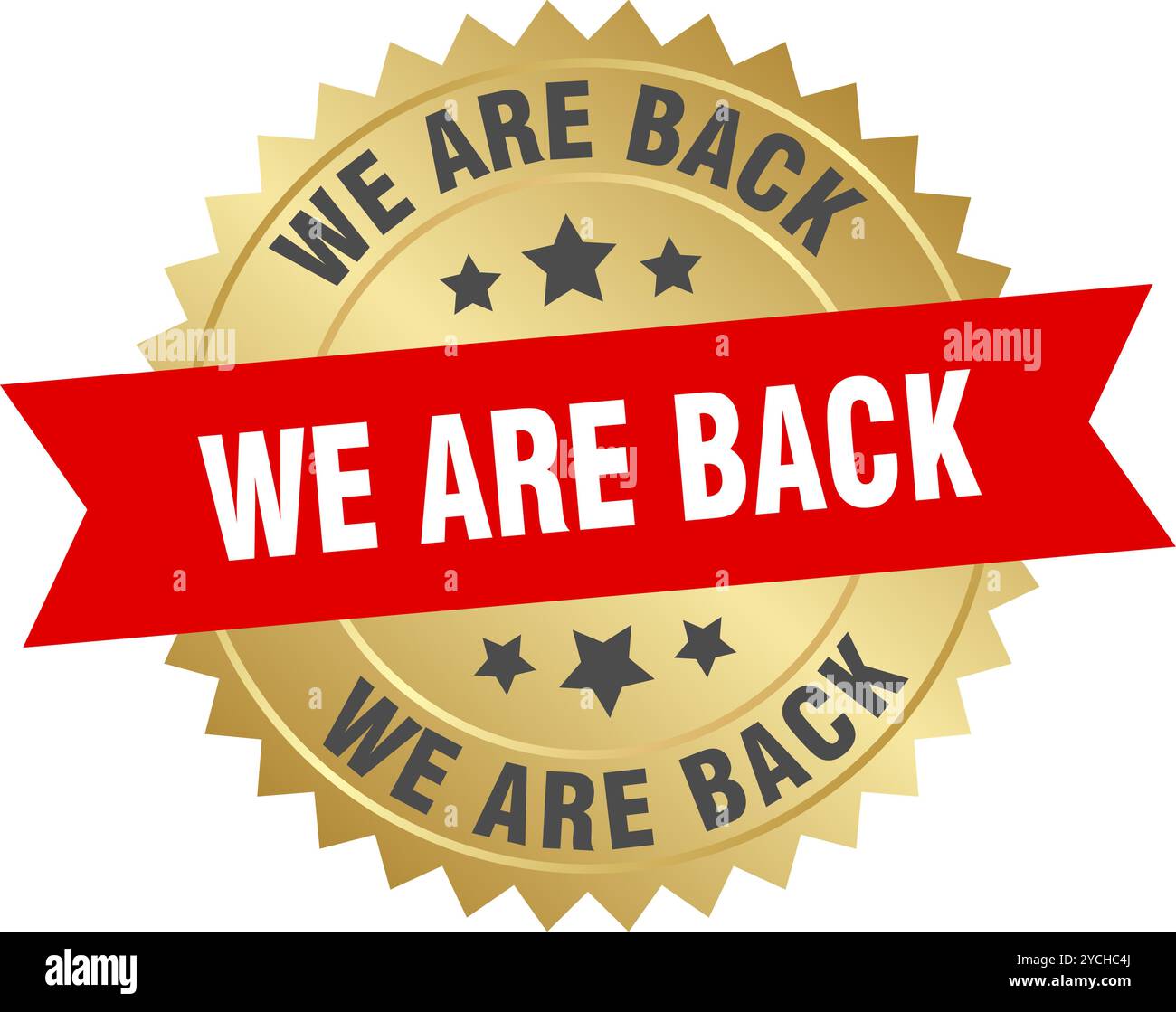 we are back round red and gold label isolated on transparent background ...