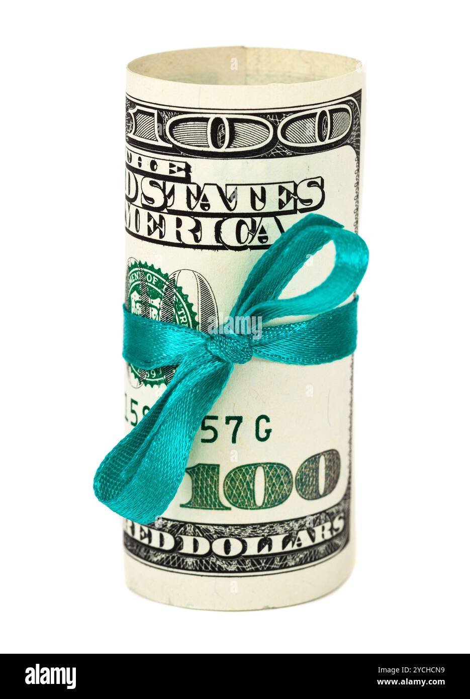 100 US dollar wrapped by ribbon over white background Stock Photo - Alamy