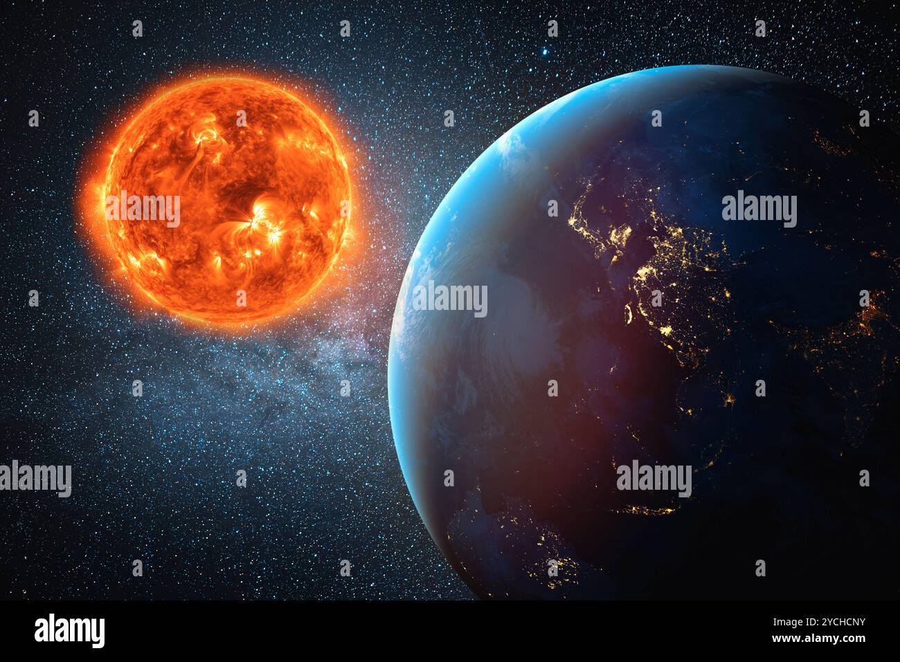 The Sun star against the background of the planet Earth and the starry ...