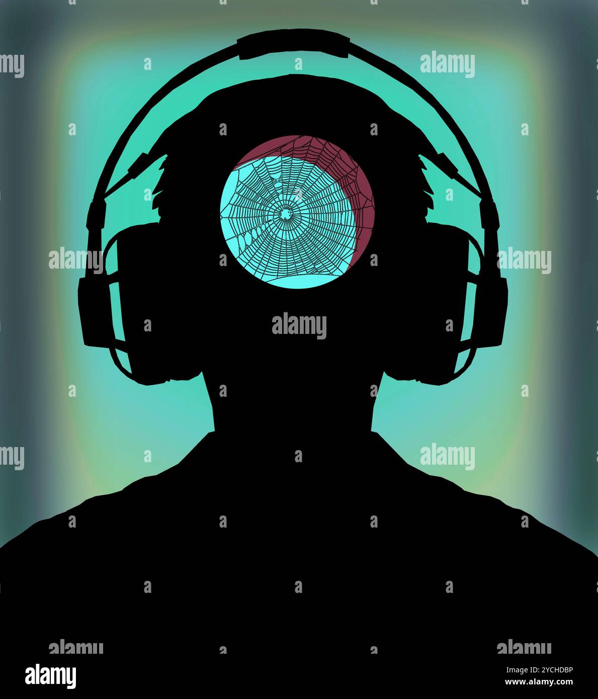 A young man wearing headphones has a spider web where he brain should ...
