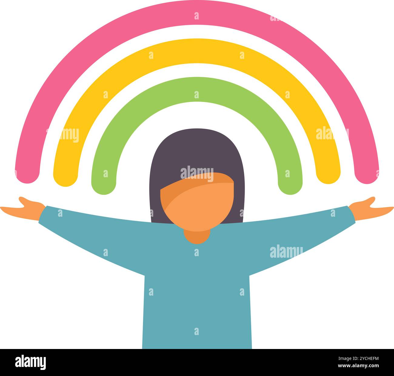 Cartoon illustration of a happy girl raising her hands under a rainbow ...