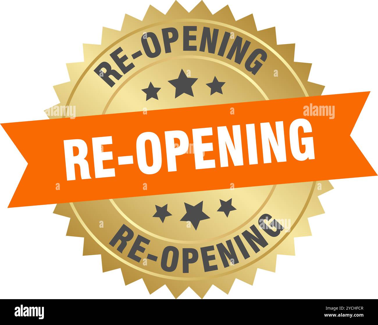 re-opening round orange and gold label isolated on transparent ...