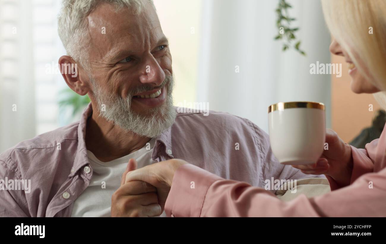 Happy Caucasian married couple in love enjoying romance at home loving ...