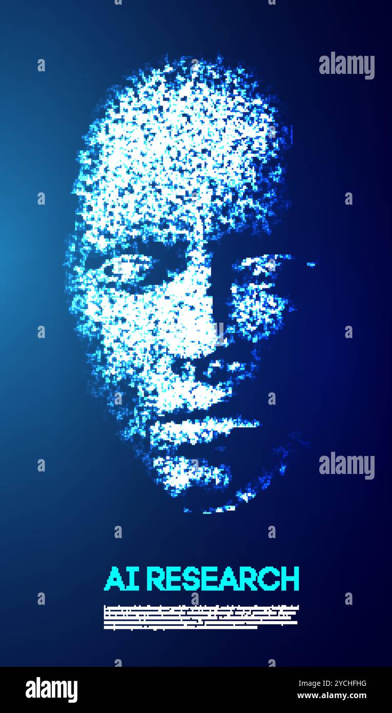 Low-poly digital face made of blue connected particles representing artificial intelligence ...