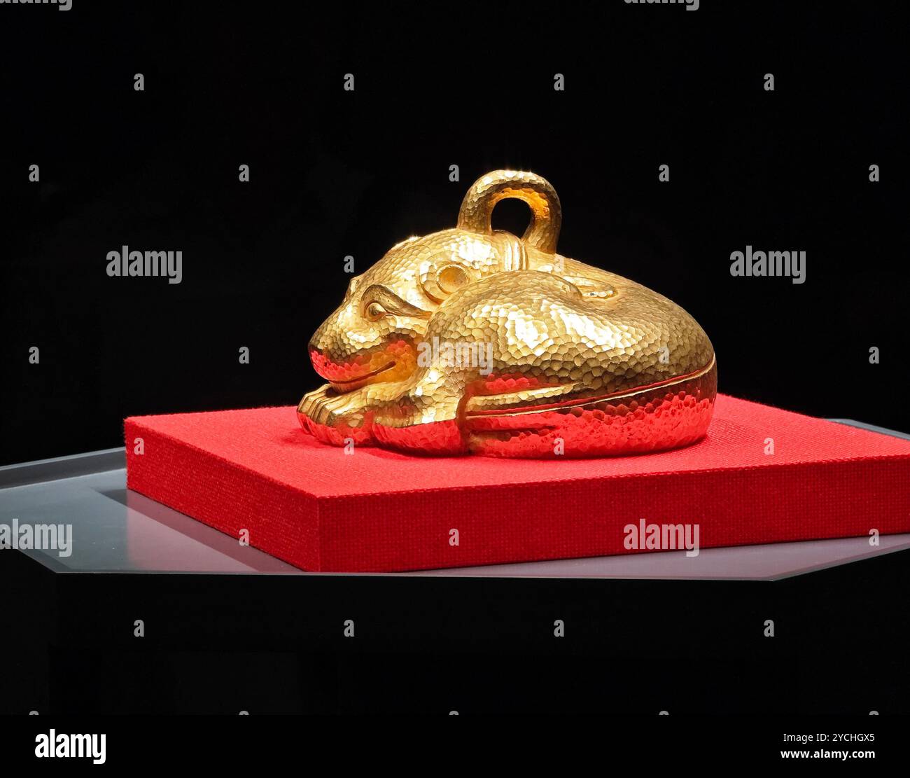 an ancient golden animal shape exhibited on a black background in the ...