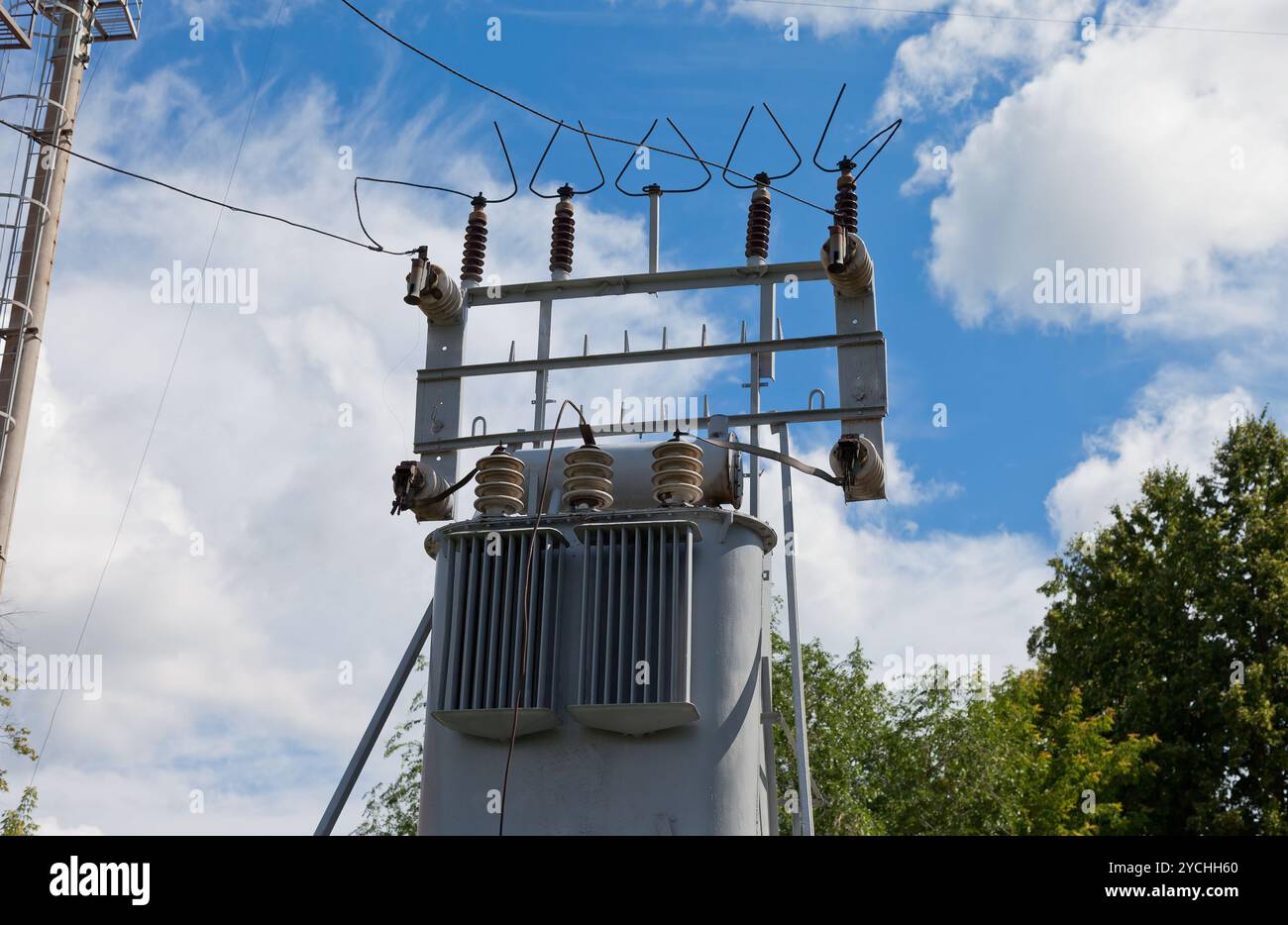 Transformer substation of high voltage on blue sky background Stock ...
