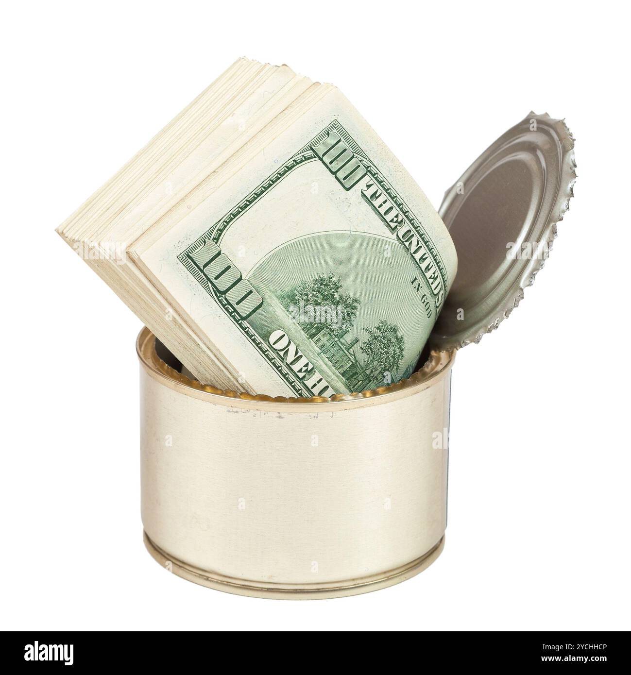 US dollars bills in metal can isolated on white background Stock Photo ...