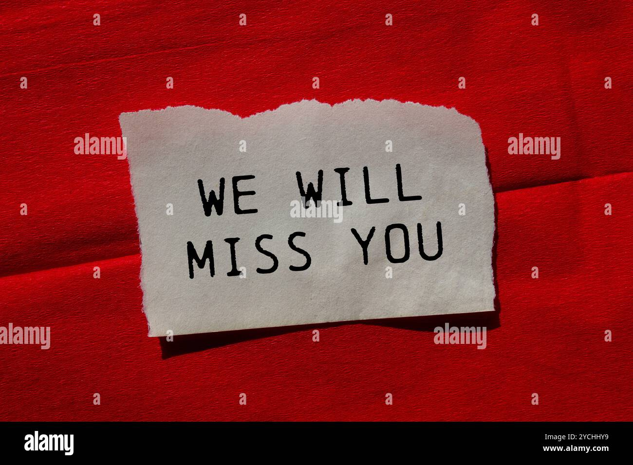 We will miss you message written on ripped torn paper piece on red background. Conceptual we ...