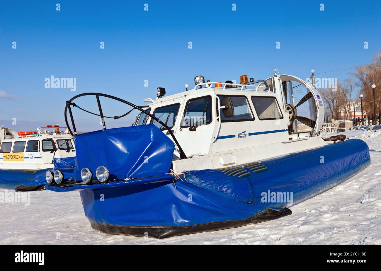 Hovercraft on the bank of a frozen river Volga in Samara, Russia Stock ...