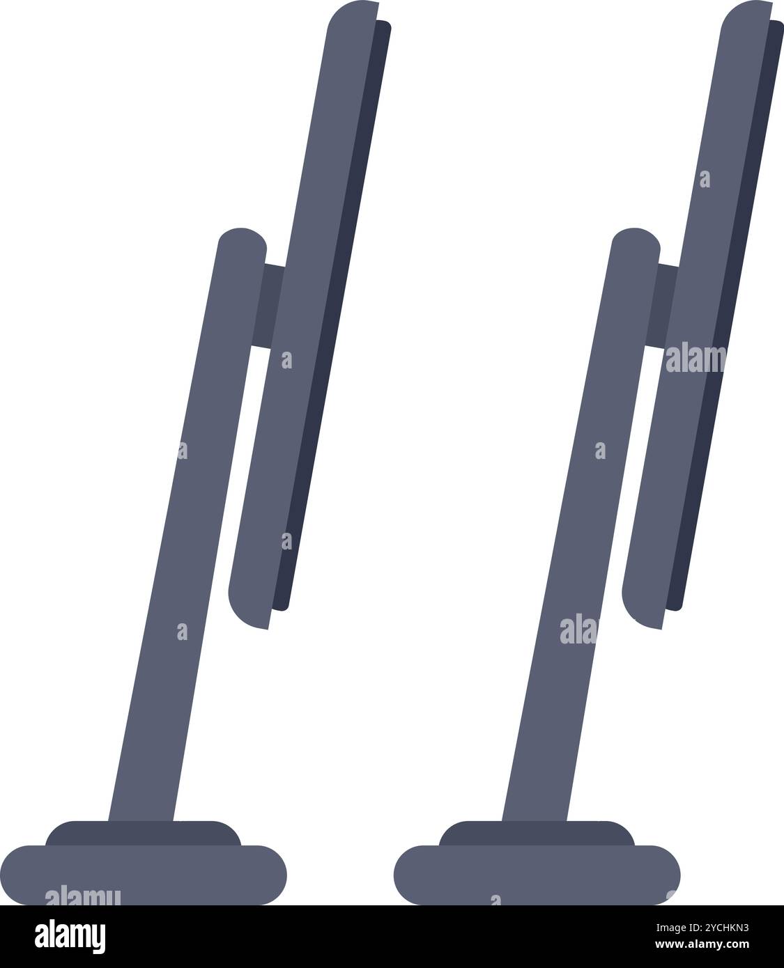 Two computer monitors are standing side by side on white background ...