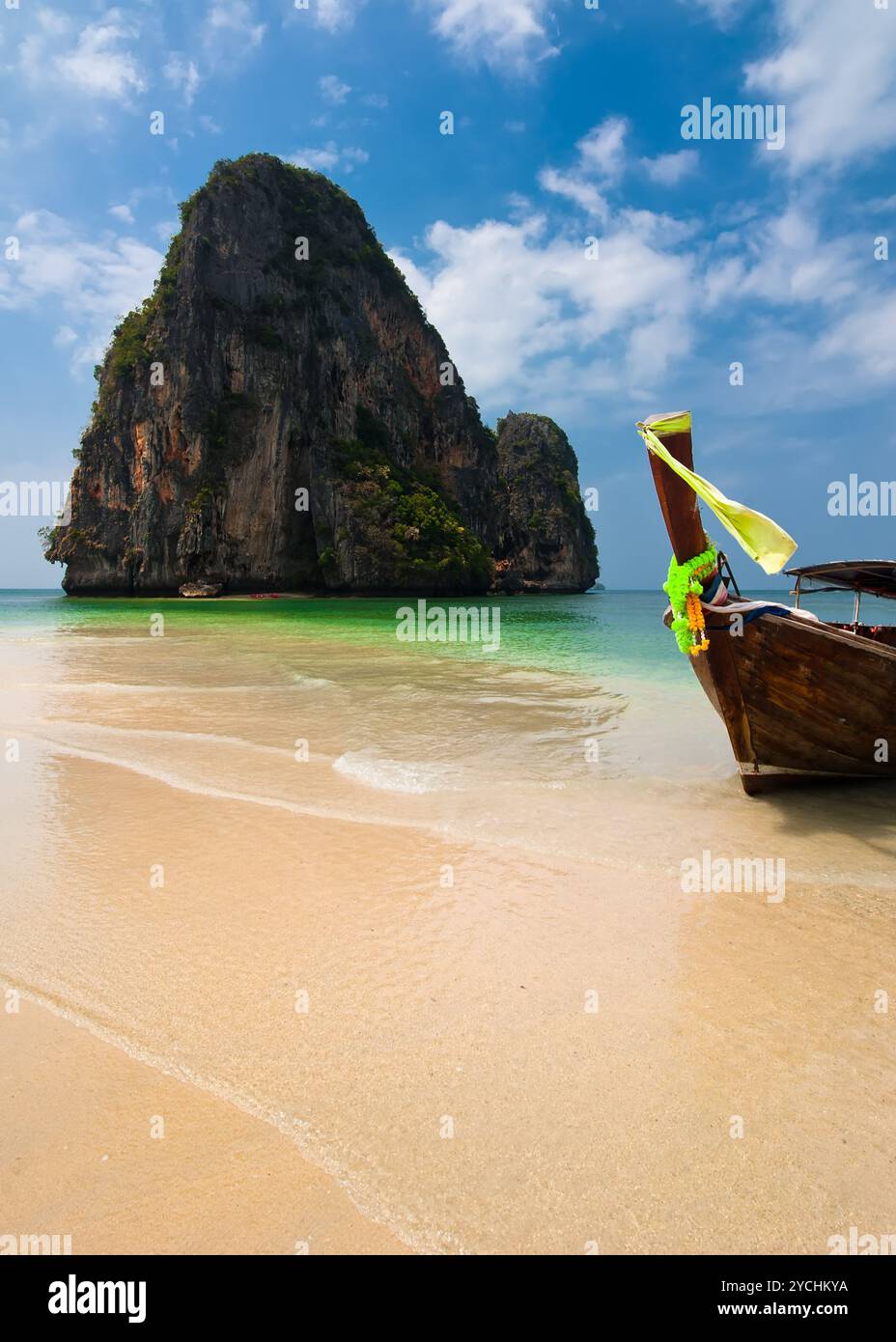 Tropical beach landscape. Thai traditional long tail boats at ocean ...