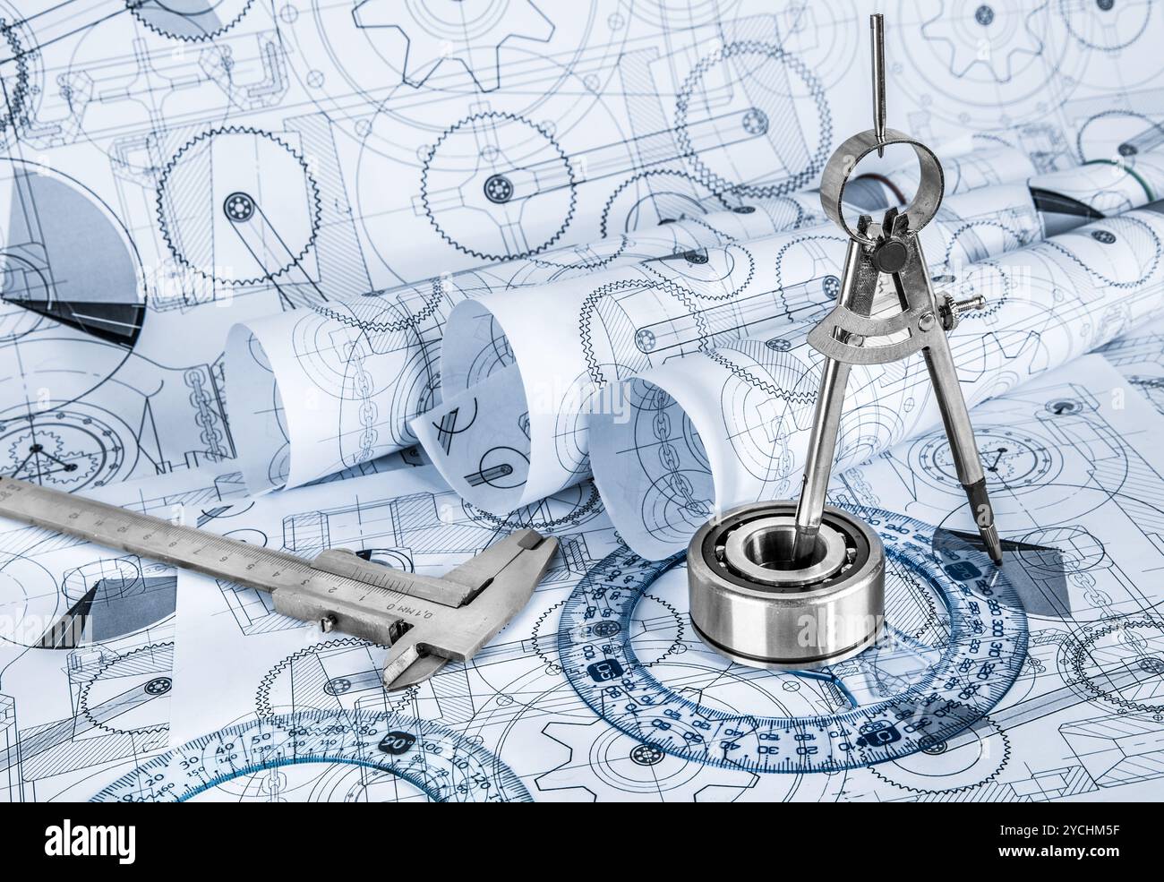 Technical drawings with the bearing in a blue toning Stock Photo - Alamy