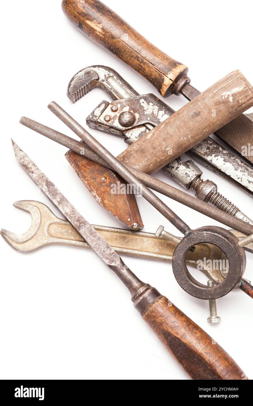 Old metal work hand tools with rust on white Stock Photo - Alamy