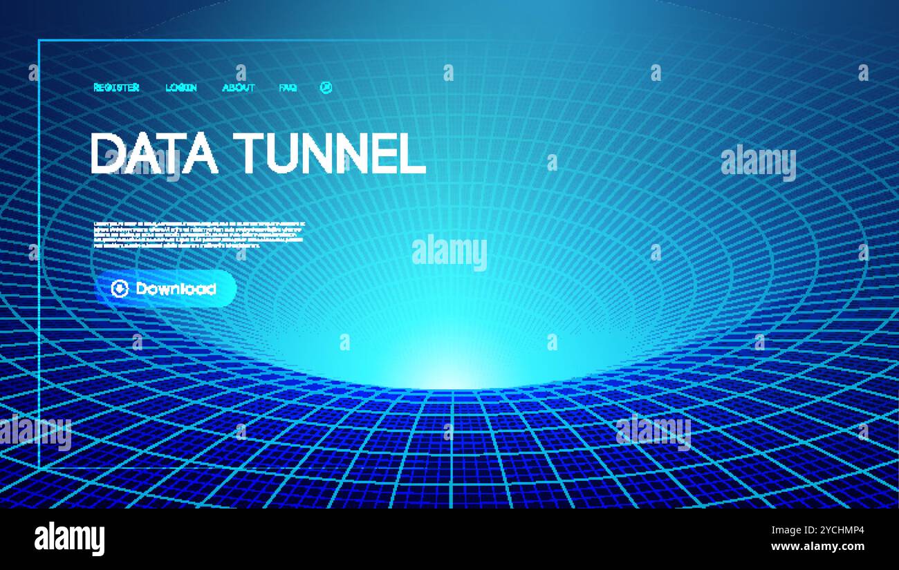 Digital data tunnel with blue grid pattern creating a futuristic network theme for technology ...