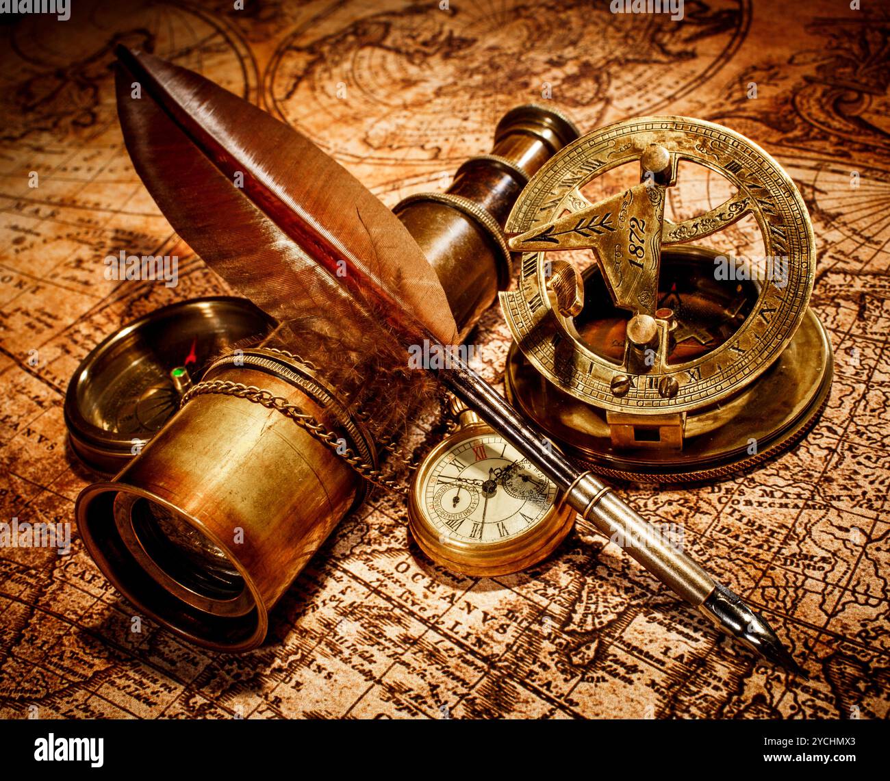 Vintage items on ancient map Stock Photo - Alamy
