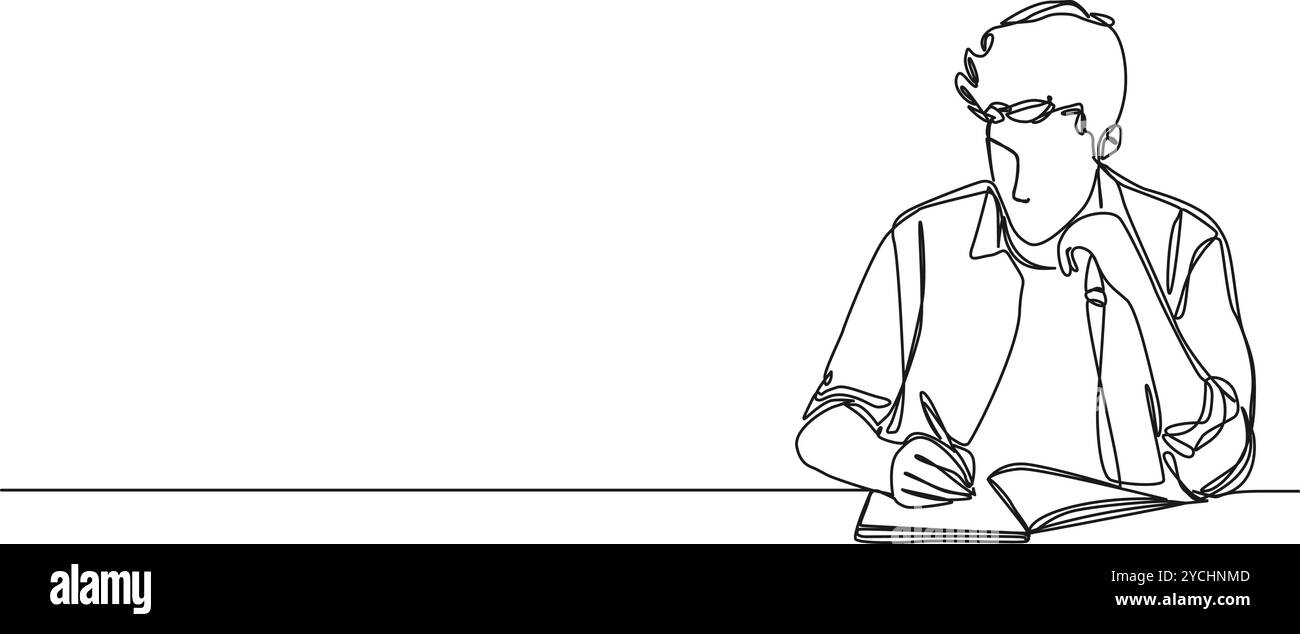 continuous single line drawing of young man taking notes in journal ...