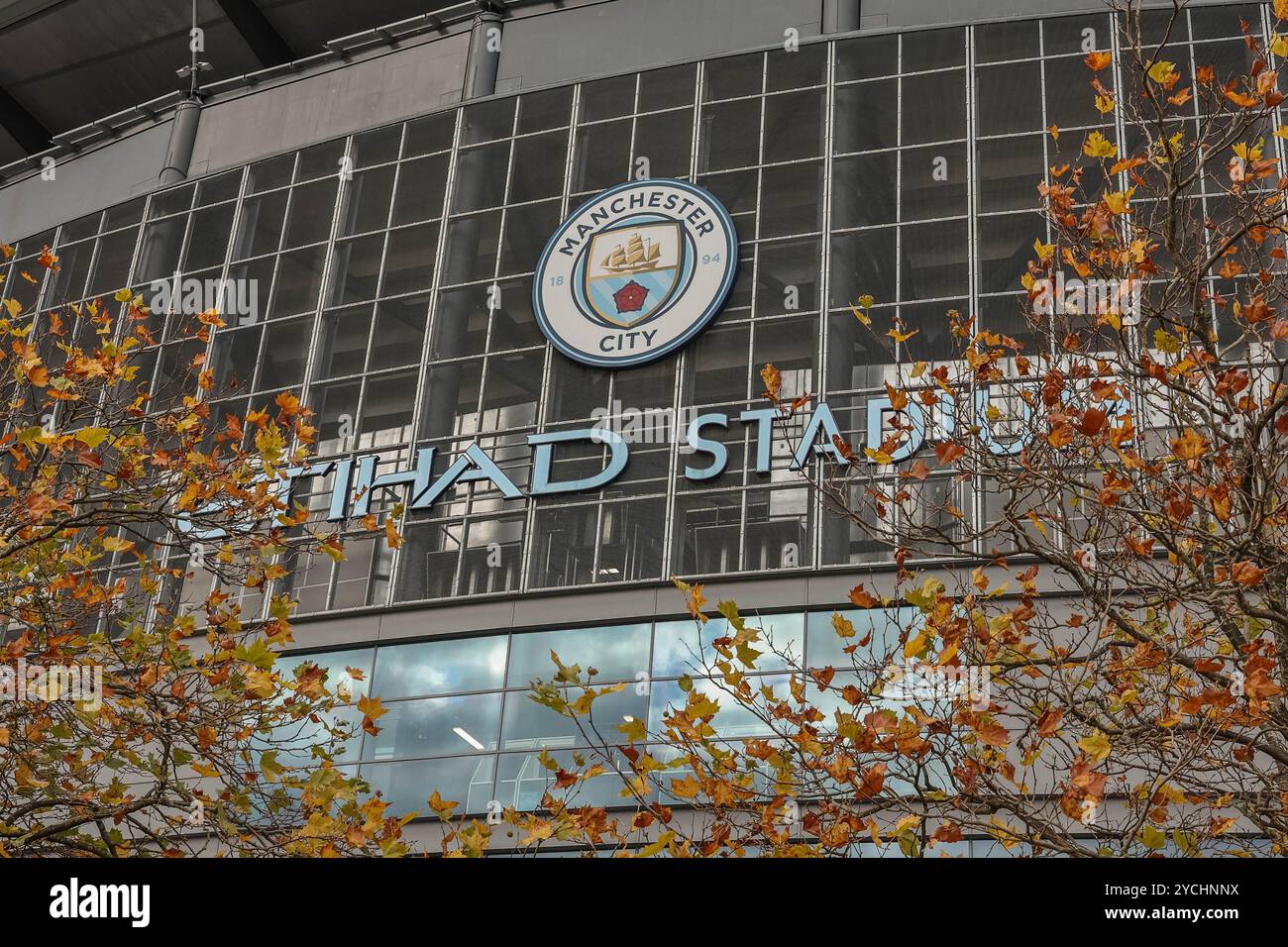A general view of the Etihad Stadium through the autumnal leaves of ...