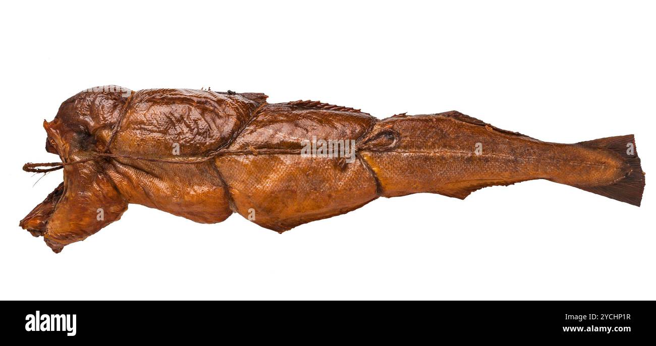 Brown smoked trunk fish on white background Stock Photo - Alamy