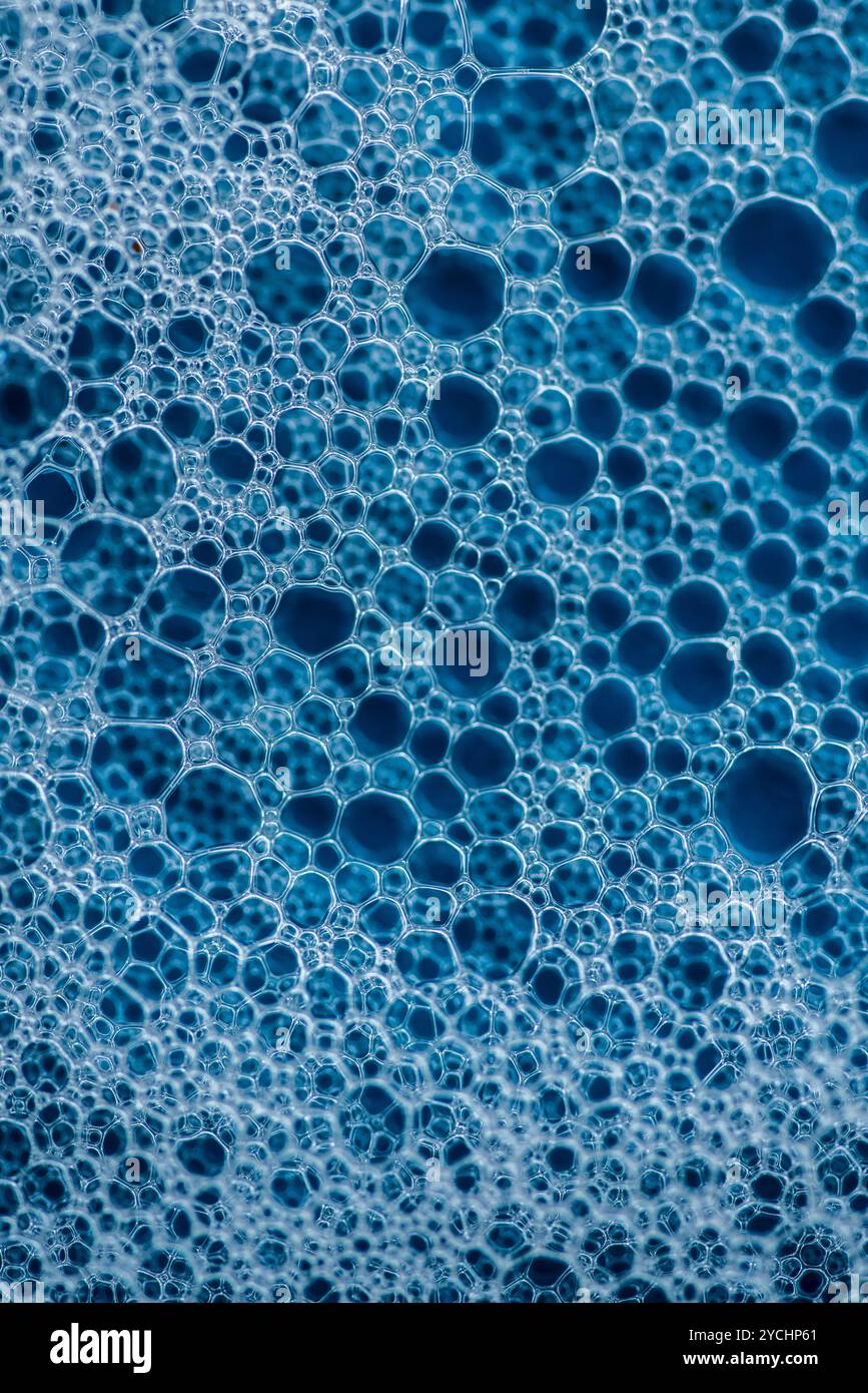 Background and pattern. White soap foam with bubbles, texture on blue ...