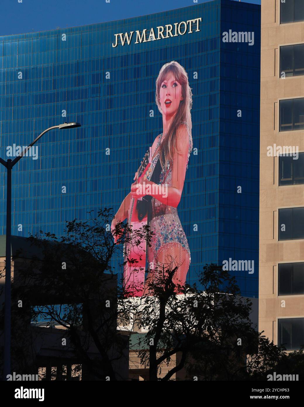 A huge poster of Taylor Swift is displayed on the east facade of the ...