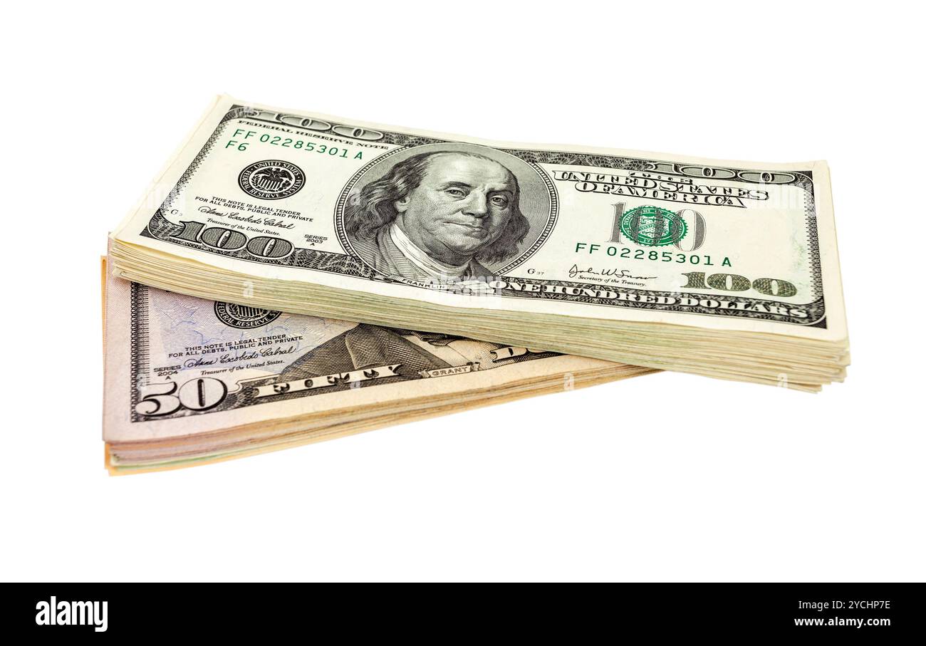 Heap of US dollars bills isolated on white background Stock Photo - Alamy
