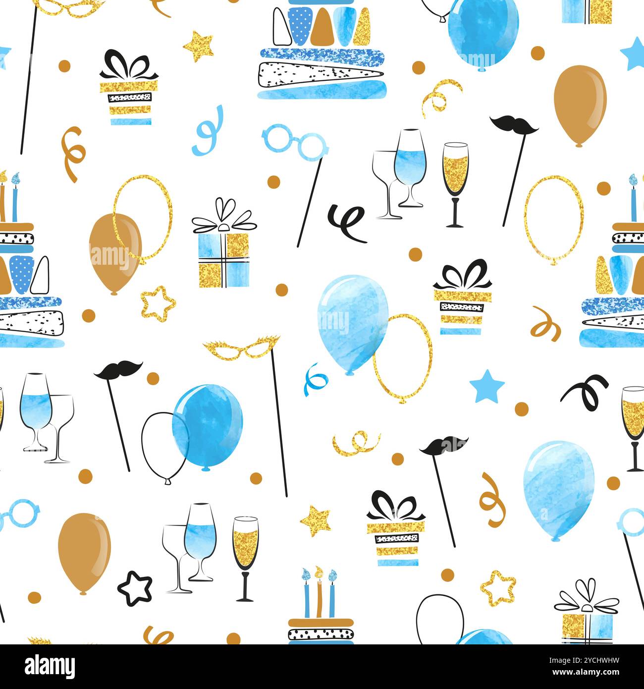 Happy Birthday seamless pattern in blue and golden colors. Celebration ...