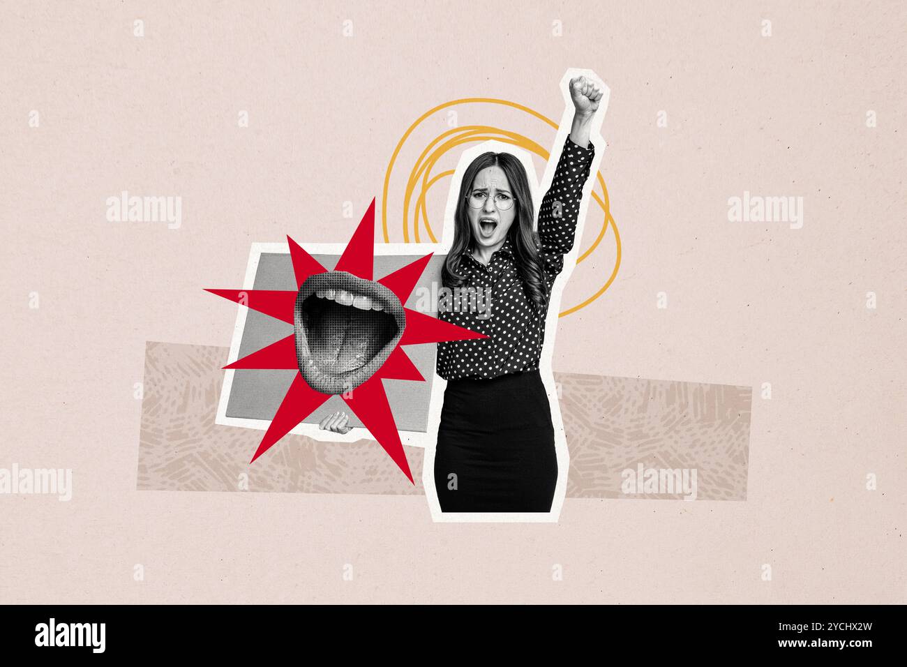 Creative photo collage image young businesswoman strike demonstration ...