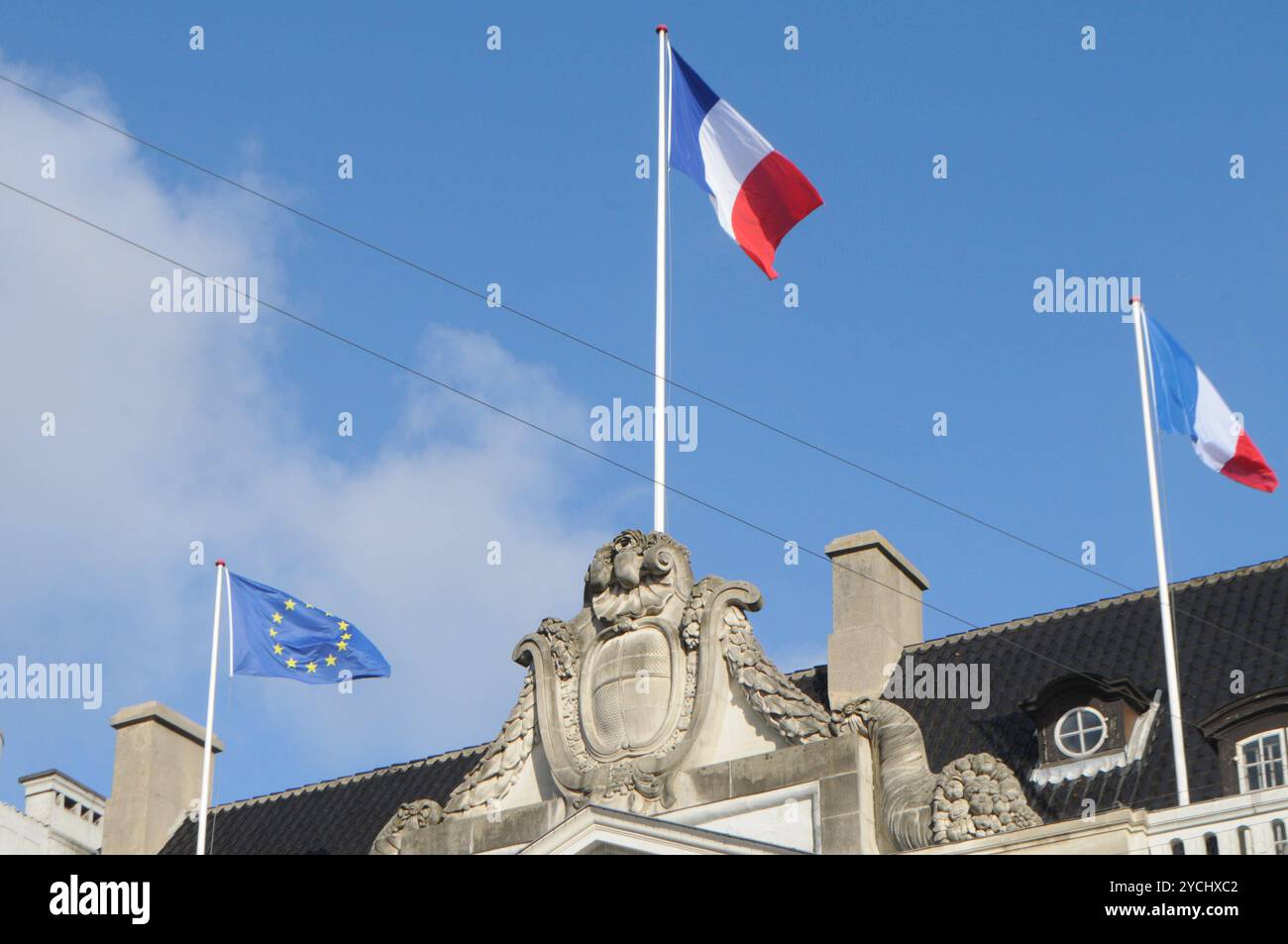 Copenhagen/ Denmark/23 Oct. 2024/three flags flying French national ...