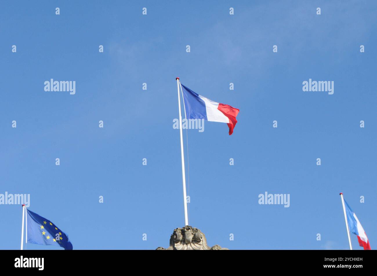 Copenhagen/ Denmark/23 Oct. 2024/three flags flying French national ...