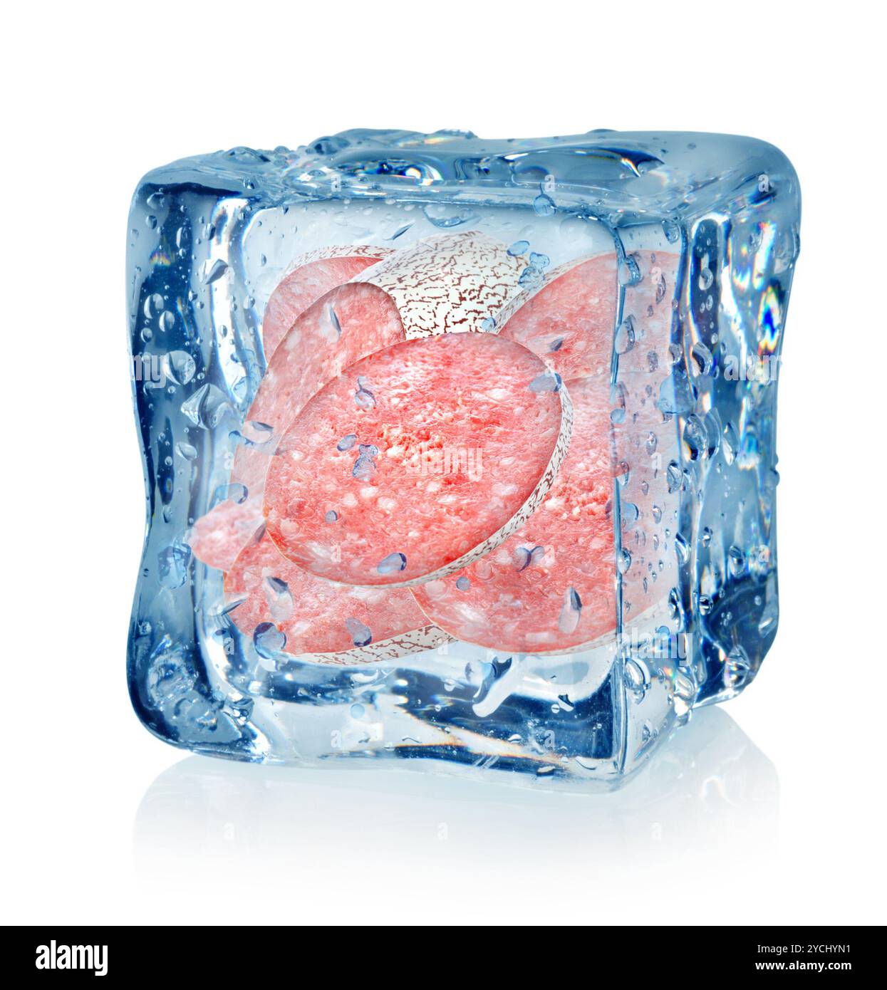 Ice cube and salami isolated on a white background Stock Photo - Alamy