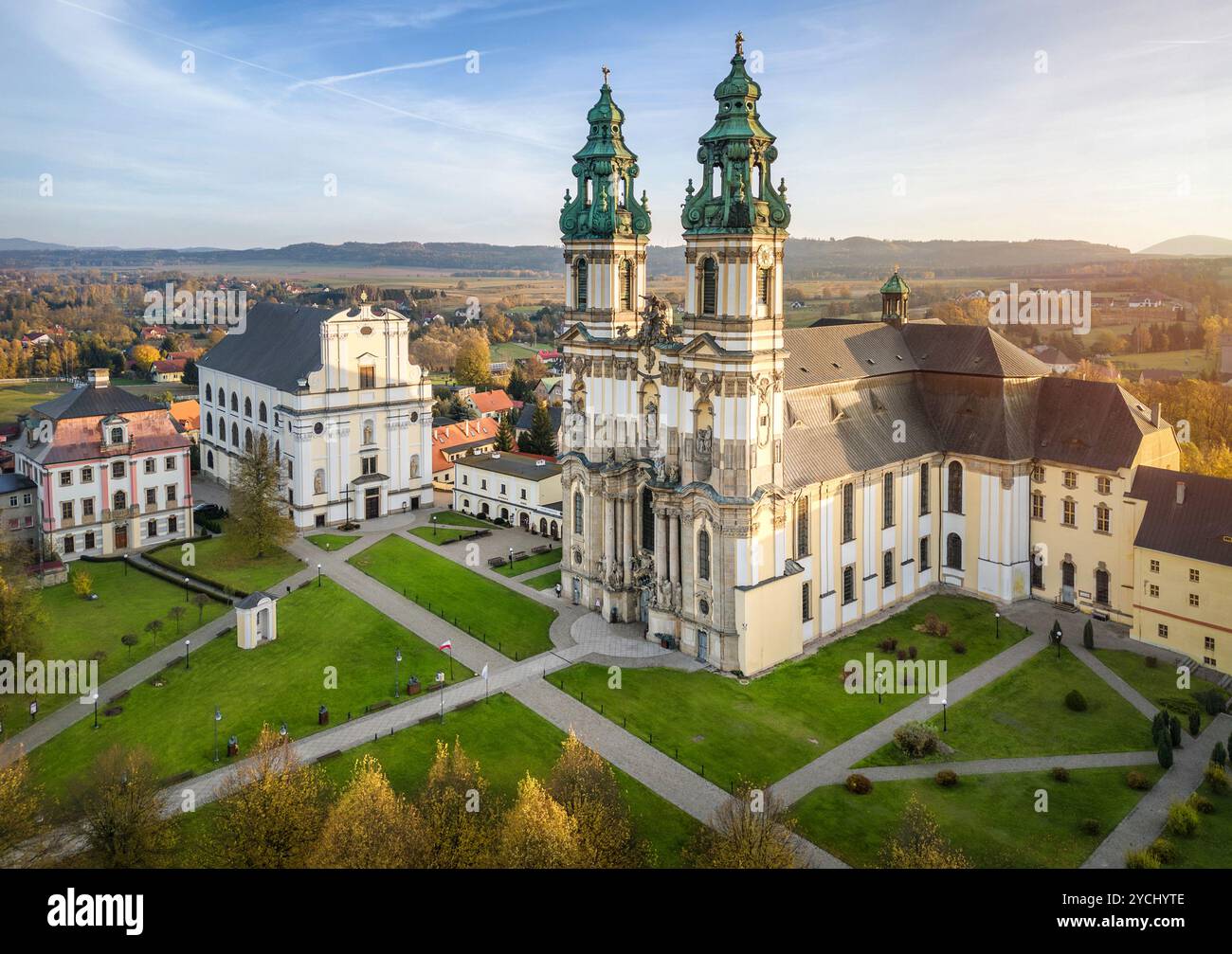 Aerial view of Basilica of the Assumption in Krzeszow Abbey, Lower ...