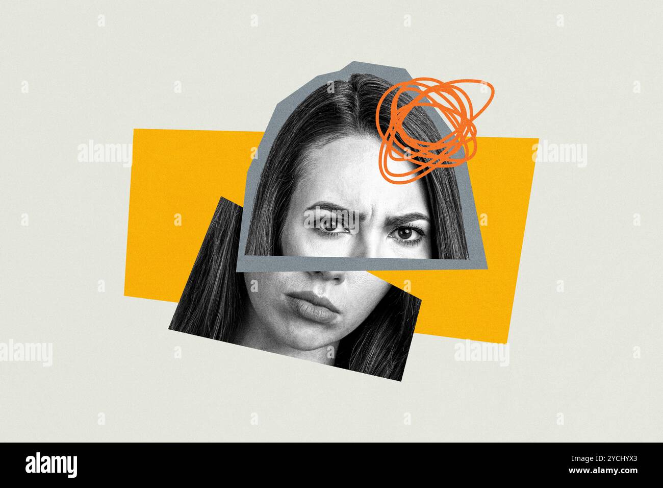Creative poster collage young woman confused separated face fragments drawing doodles dilemma ...