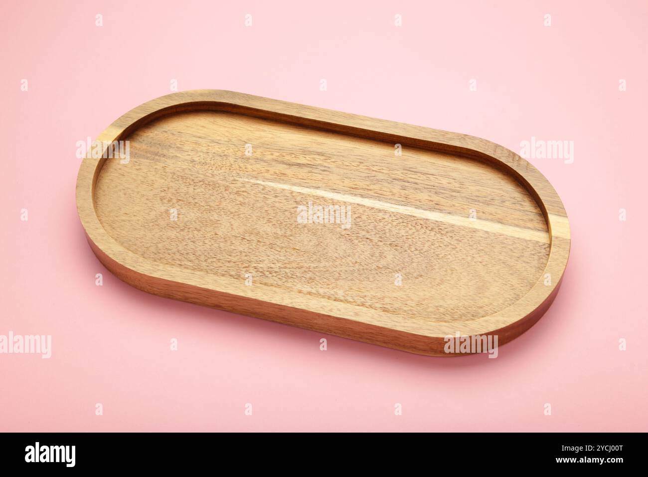 Empty wooden tray on pink background. Rectangular wooden dish. Top view ...