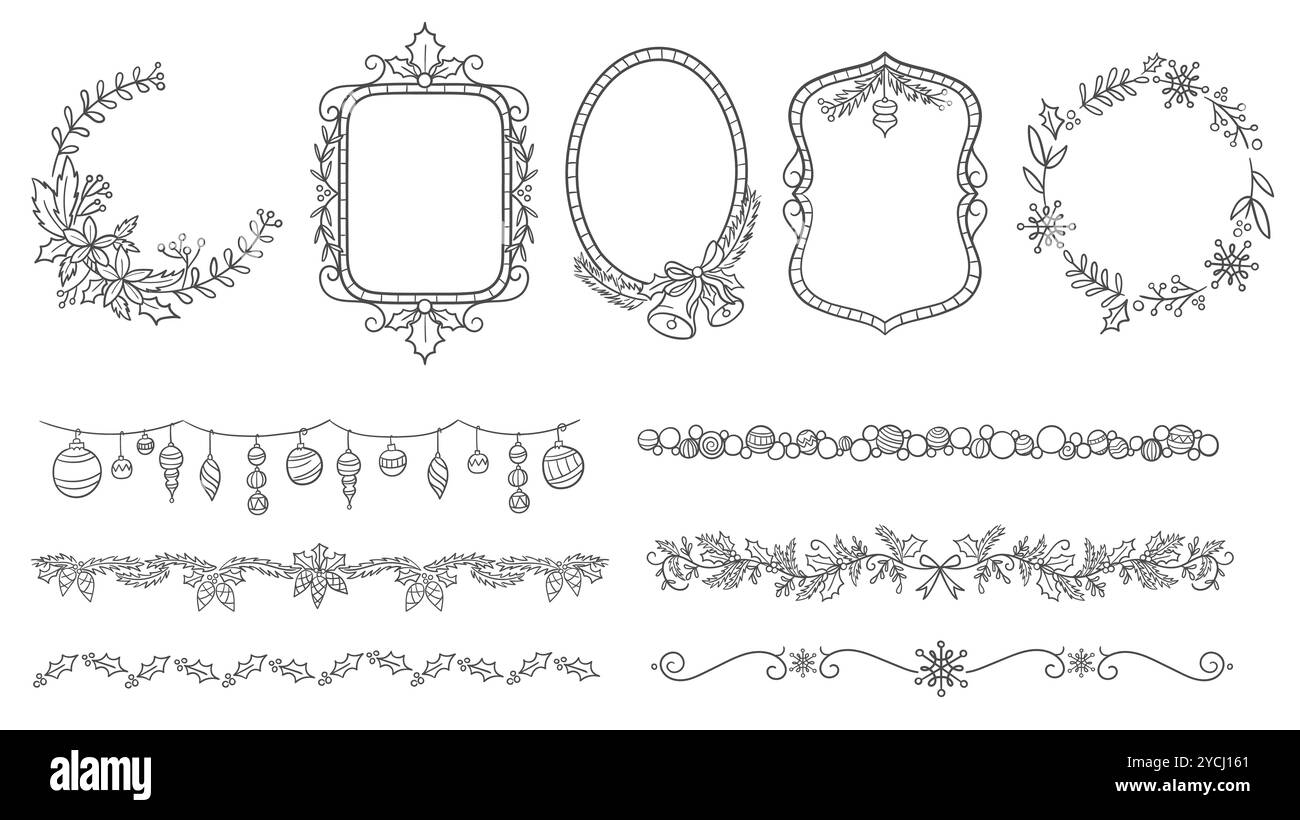 Hand-drawn Christmas decorative borders, wreaths and frames. Doodle ...