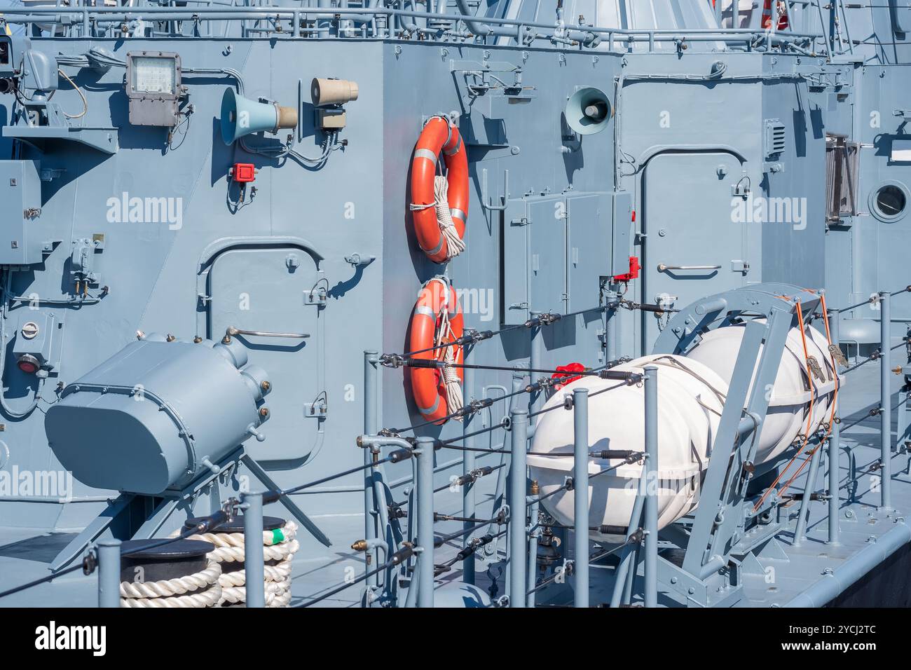 maritime background, fragment of a modern ship, various equipment on ...