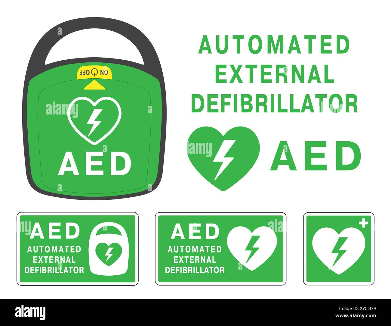 AED emergency defibrillator icon sign symbol. First aid Automated external defibrillator. Vector ...
