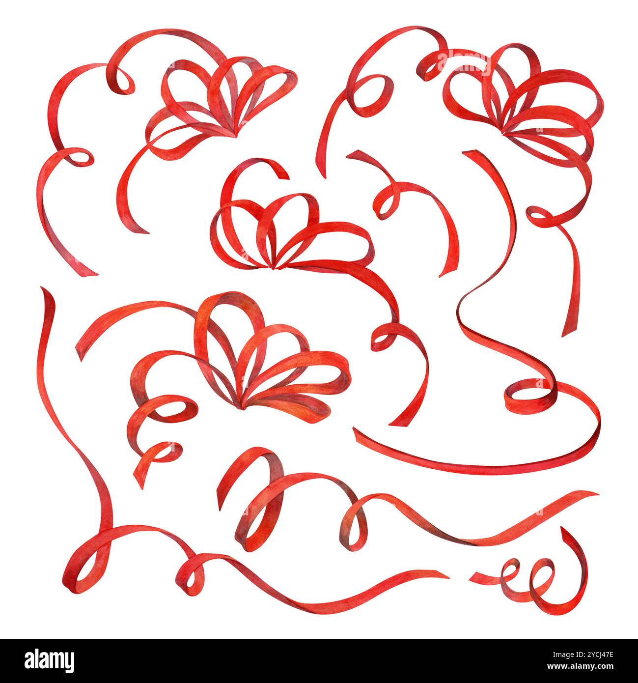 Ribbons and bows. Watercolor set of isolated red curly ribands. Hand ...