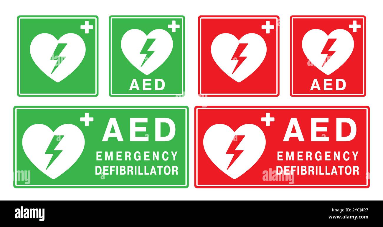 AED emergency defibrillator icon sign symbol. First aid Automated external defibrillator. Vector ...