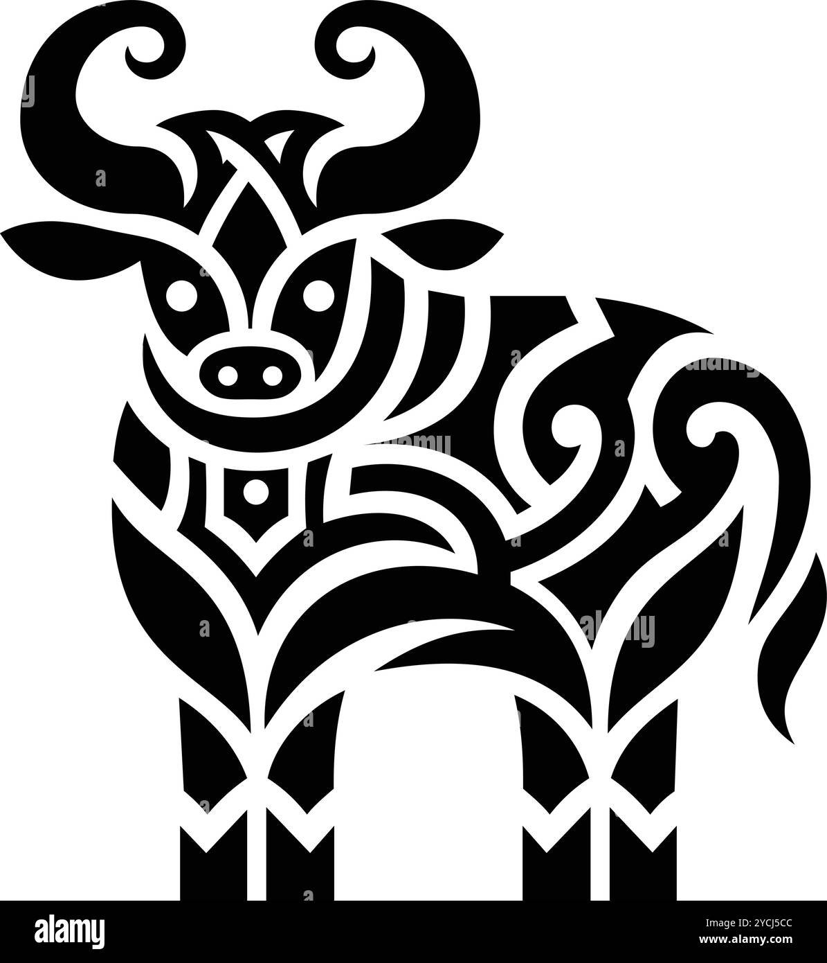 Decorative standing cow stencil drawn in tribal tattoo style. Black ...