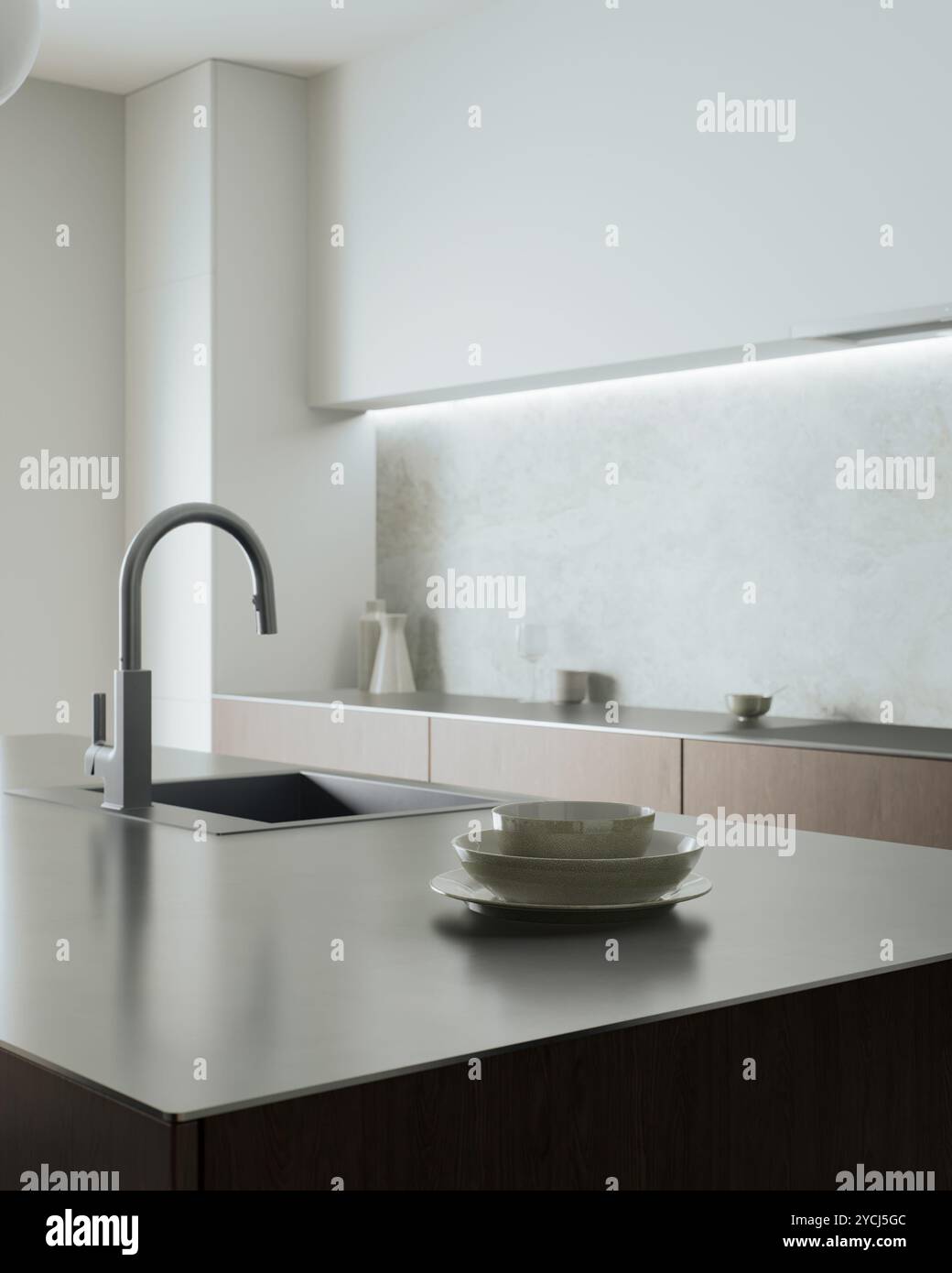 This is a modern kitchen that showcases minimalist design along with ...
