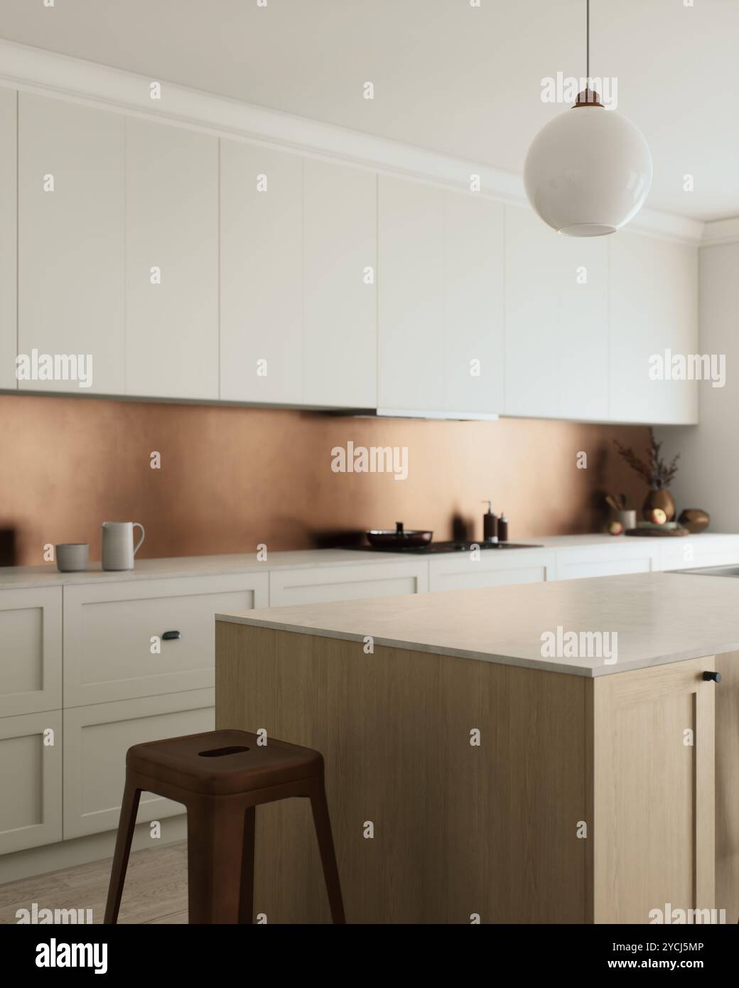 Modern minimalist kitchen design with charming copper accents Stock ...