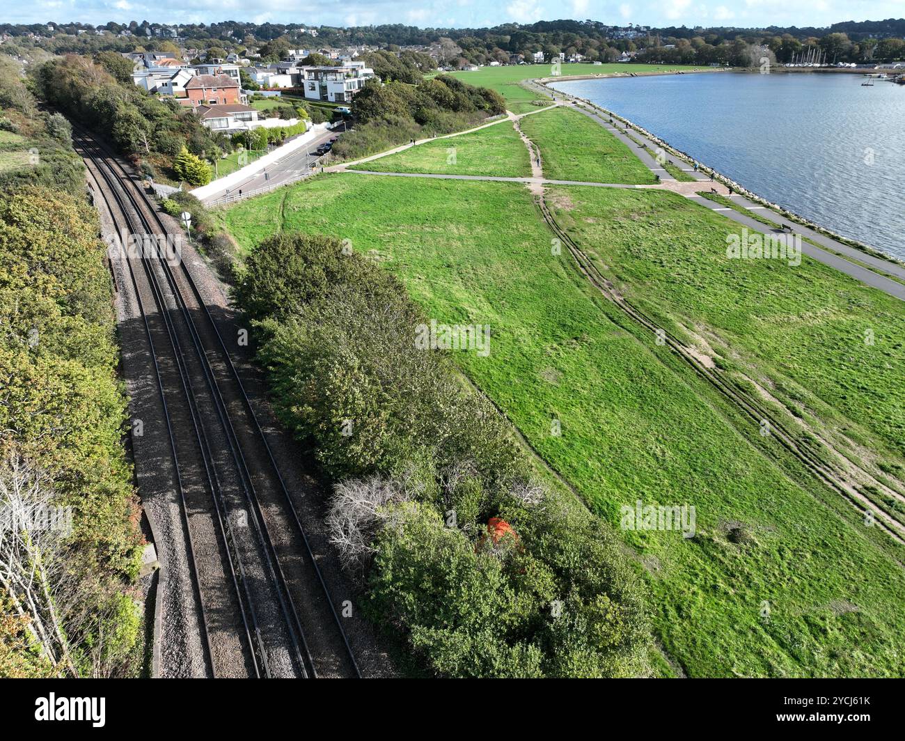 two railway tracks seen from above, drone view, at Baiter park on the ...