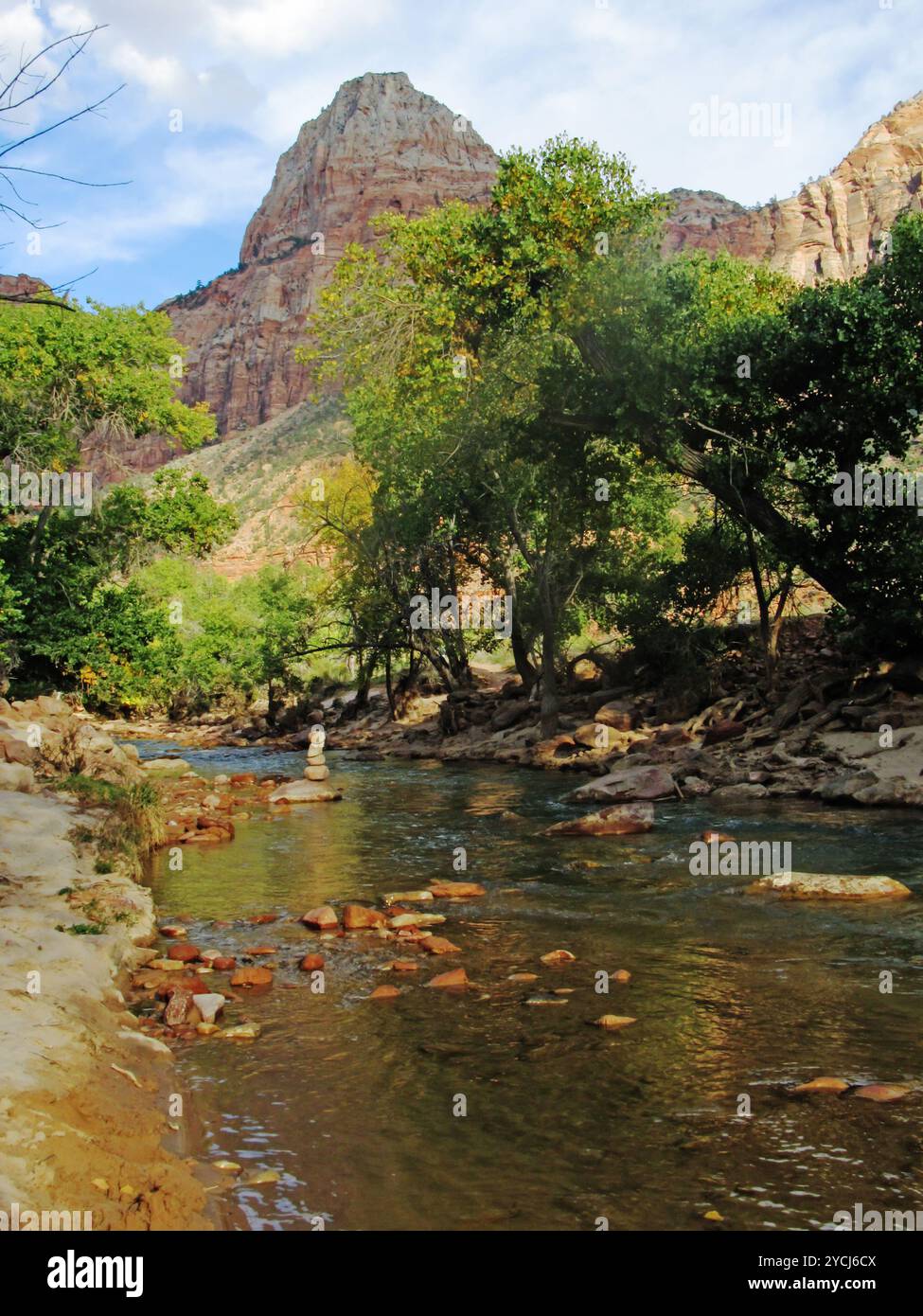 The Watchmen towering over the Virgin River in the Zion Canyon in Utah ...