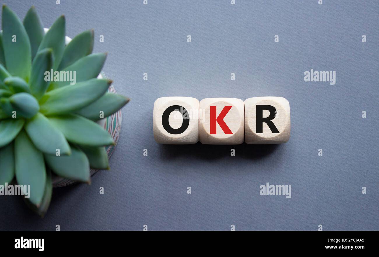 OKR objectives and key results symbol. Wooden cubes with words OKR ...
